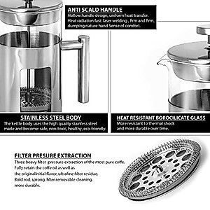 Rodolffo French Press Coffee Maker 34 Ounce with Stainless Steel 18/8 incudes Borosilicate Glass Cup & Stainless Steel Strainer. Creates Exceptional Taste & Purity. Enjoy Perfect Coffee