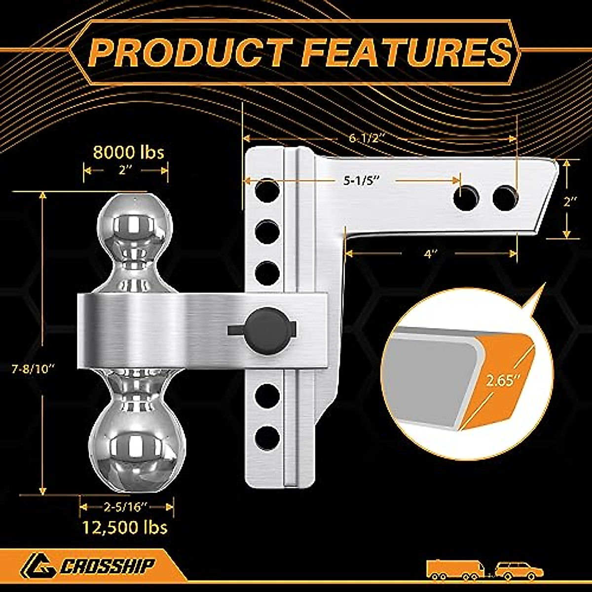 CROSSHIP Adjustable Trailer Hitch Ball Mount-Fit 2" Receiver, 6 Inch Drop/Rise Aluminum Drop Hitch with 2'' & 2-5/16'' Solid Dual Balls 12,500 LBS GTW-Tow Hitch for Heavy Duty Truck with Double Locks