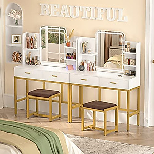 armocity Vanity Desk with Mirror and Light, Makeup Vanity with Cushioned Stool, Vanity Table Set with 3 Color Lighting Options, Modern Dressing Table with 2 Storage Drawers for Bedroom, White