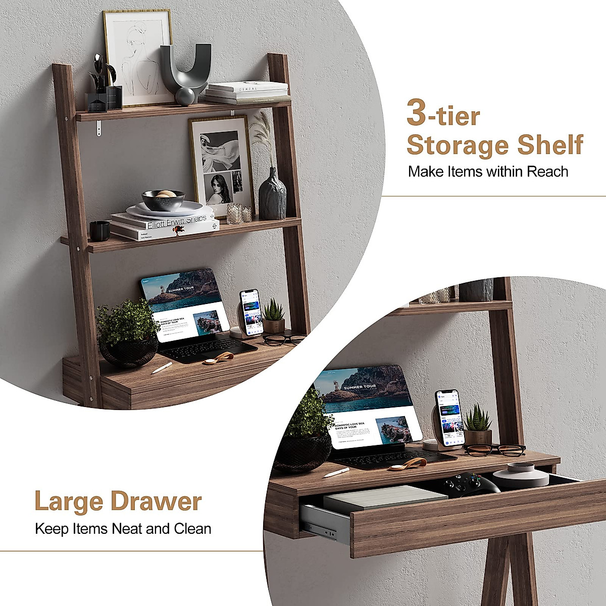 Giantex 3 Tier Ladder Desk with Drawer, 33" Width Walnut Ladder Shelf with Anti-Tipping Device, Freestanding Bookshelf, Leaning Computer Desk with Shelves for Small Space