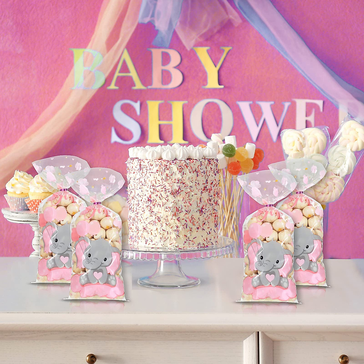 100 Pieces Baby Shower Cellophane Treat Bags Cute Candy Bags Baby Shower Favors Gender Reveal Plastic Goodie Storage Bags with 100 Twist Ties for Baby Shower Birthday Party Supplies (Pink)