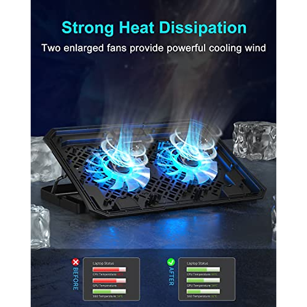 KeiBn Laptop Cooling Pad, Gaming Laptop Cooler 2 Fans for 10-15.6 Inch Laptops, 5 Height Stands, 2 USB Ports (S039)