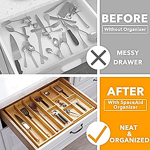 SpaceAid Bamboo Utensil Drawer Organizer with Labels, Kitchen Silverware Expandable Tray Holder Organizer for Flatware, Cutlery, Spoon and Knives Drawer Storage Organization (Natural)