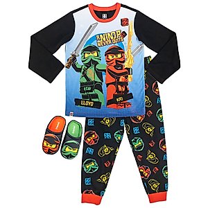 LEGO Ninjago Boys Pajama Set, Kai & Lloyd with Matching Cozeez Slippers, Black, Size 4/5