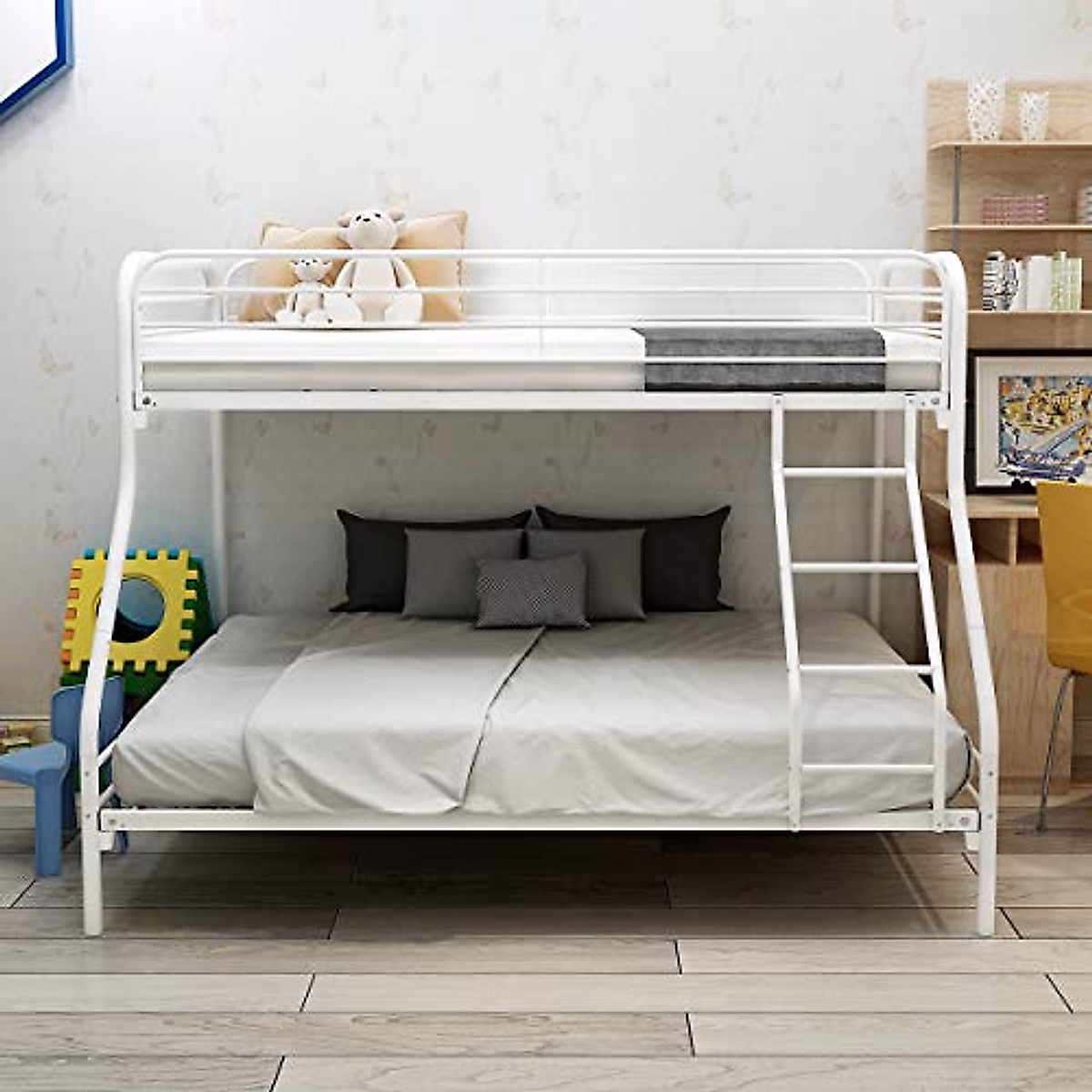 HomJoones Heavy Duty Metal Bunk Bed Twin Over Full Size, Heavy Duty Floor Bunk Beds Frame with Enhanced Upper-Level Guardrail (White)