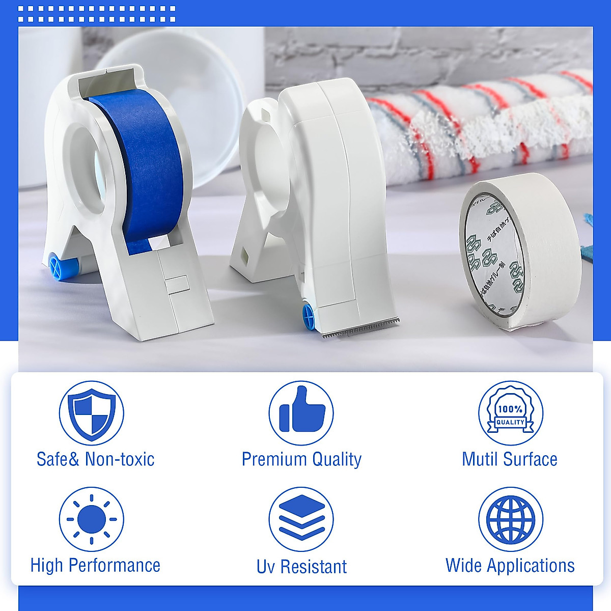 Hohean 1 Pack Masking Paint Tape Applicator Each 1.4 Inch Painters Tape, Portable Masking Set Sharp Tape Cutter for Painting, Trim, Windows, and Door Frames (White)