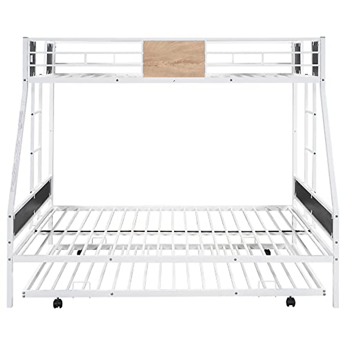 Twin Over Full Bunk Bed Frame with Trundle, Metal Bunkbed with Sturdy Guard Rail and Ladder for Girls/Boys/ Adults, No Box Spring Needed, Noise Free for Dorm, Bedroom, Guest Room (White)