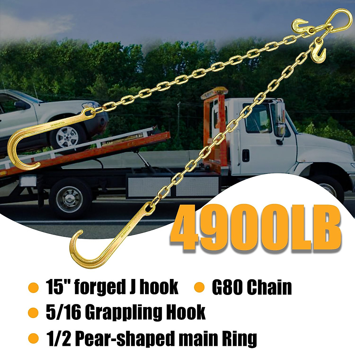FITHOIST Grade 80 Chain V-Bridle | 5/16In x 2Ft Towing Chain Bridle with J Hooks and Grab Hooks | Bridle Transport Chain with 4,900LBS Safe Working Load | for Flatbed Truck Rollback Wrecker Carrier