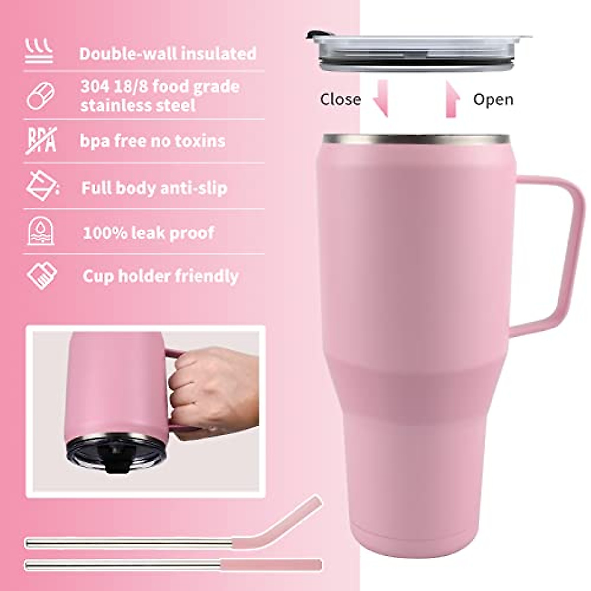MUCHENGHY 40 oz Tumbler with Handle and Straw Lid, Leak Proof Double Vacuum Stainless Steel Tumblers Insulated Travel Coffee Mug with Lids Pink