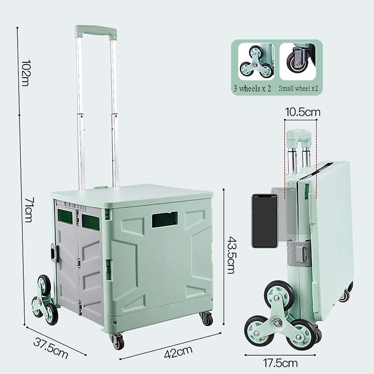 GXYAWPJ Mint Green Folding Cart on Wheels with Lid Cover Utility Shopping with Rolling Swivel Wheels for Stairs Large Capacity Retractable Hand Cart (Size : B)