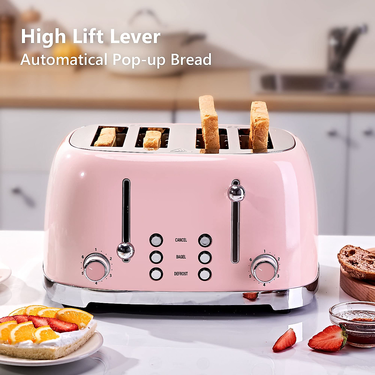 REDMOND 4 Slice Toaster Retro Stainless Steel Toasters with Bagel Defrost Cancel Function, 6 Browning Settings, Pink, ST033