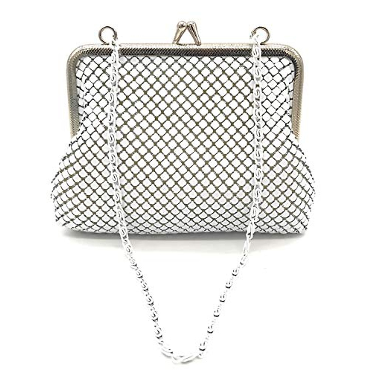 X-Small Women clutch metal mesh purse Hand carry chain for Cocktail Party Prom Wedding Banquet (White)