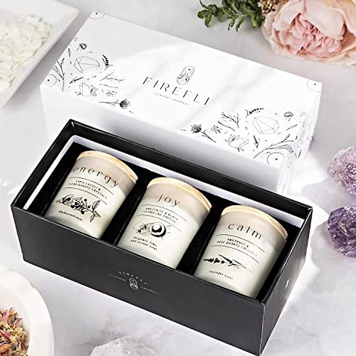 Firefli Crystal Candles 3-Piece Crystal Candle Set with Wood Lids & Dried Flowers | Candles Gifts for Women | 3.5oz Manifestation Candles with Crystals Inside | Soy Wax Scented Luxury Candles