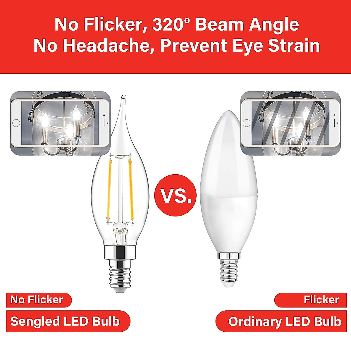 Sengled E12 Led Bulb Dimmable, Candelabra Led Light Bulbs 60 Watt Equivalent, CA10 Flame Tip Chandelier Light Bulbs, 5000K Daylight Candle Light Bulbs for Chandeliers, Ceiling Fan, Pendant, 12 Pack