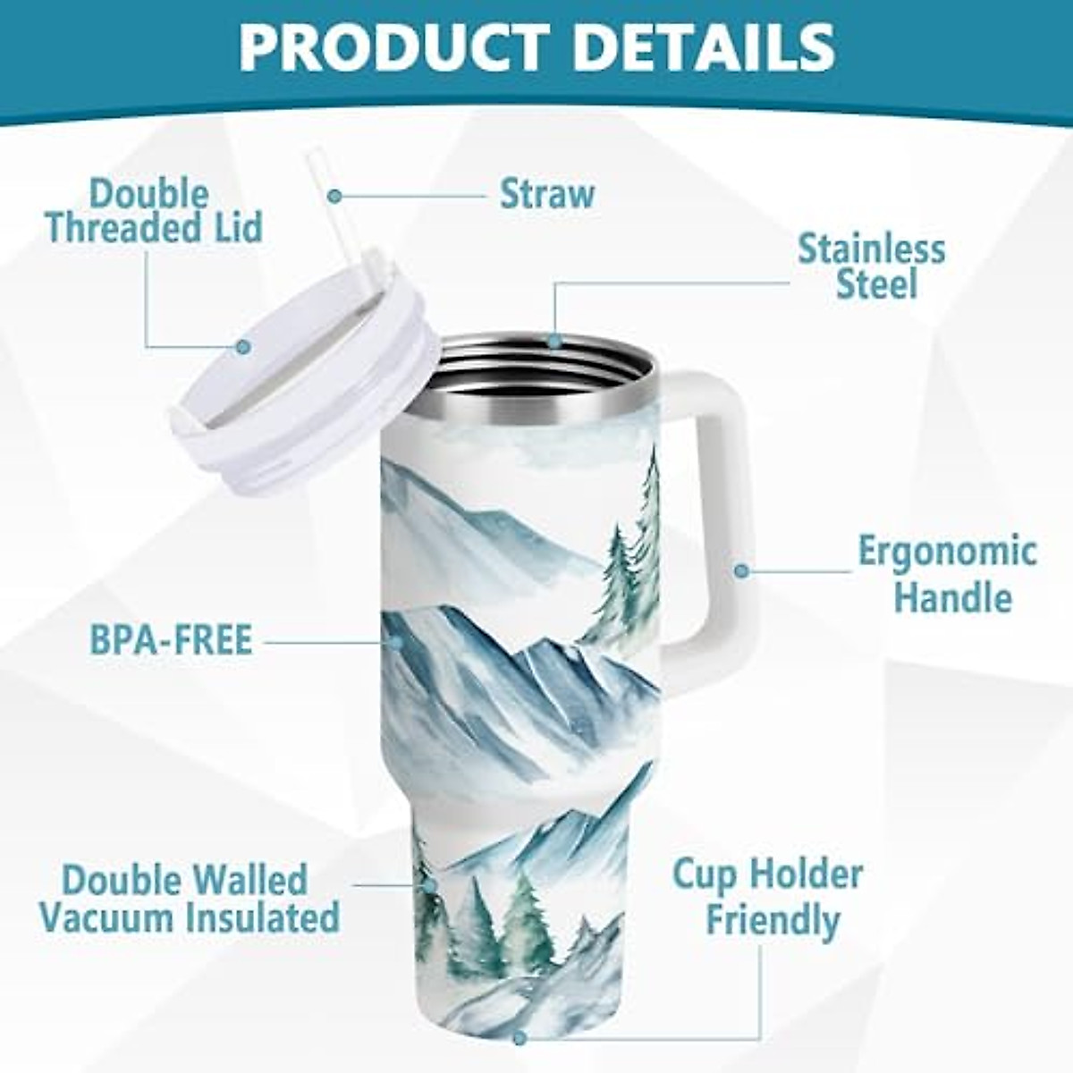 RPLIFE Soft Watercolor Mountains Pastel Green 40 Oz Tumbler with Handle, Stainless Steel Tumbler with Straw, Tea Tumbler