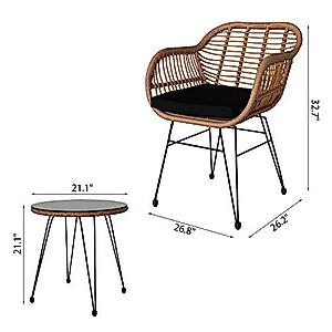 TRRAPLE 3 Pieces Patio Furniture Set, Outdoor Wicker Patio Furniture Sets Modern Bistro Set Rattan Chair Conversation Sets with Glass Top Side Table for Yard and Garden