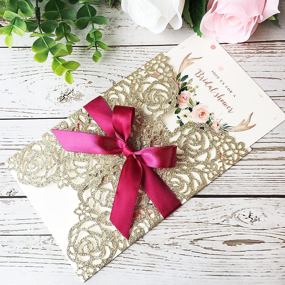 KUCHYNEE 50PCS 5.12 x 7.28'' Gold Wedding Invitations Cards with Burgundy Bowknot Laser Cut Hollow Rose Flowers Wedding Invitation for Bridal Shower Engagement Wedding Invite (Gold Glitter)