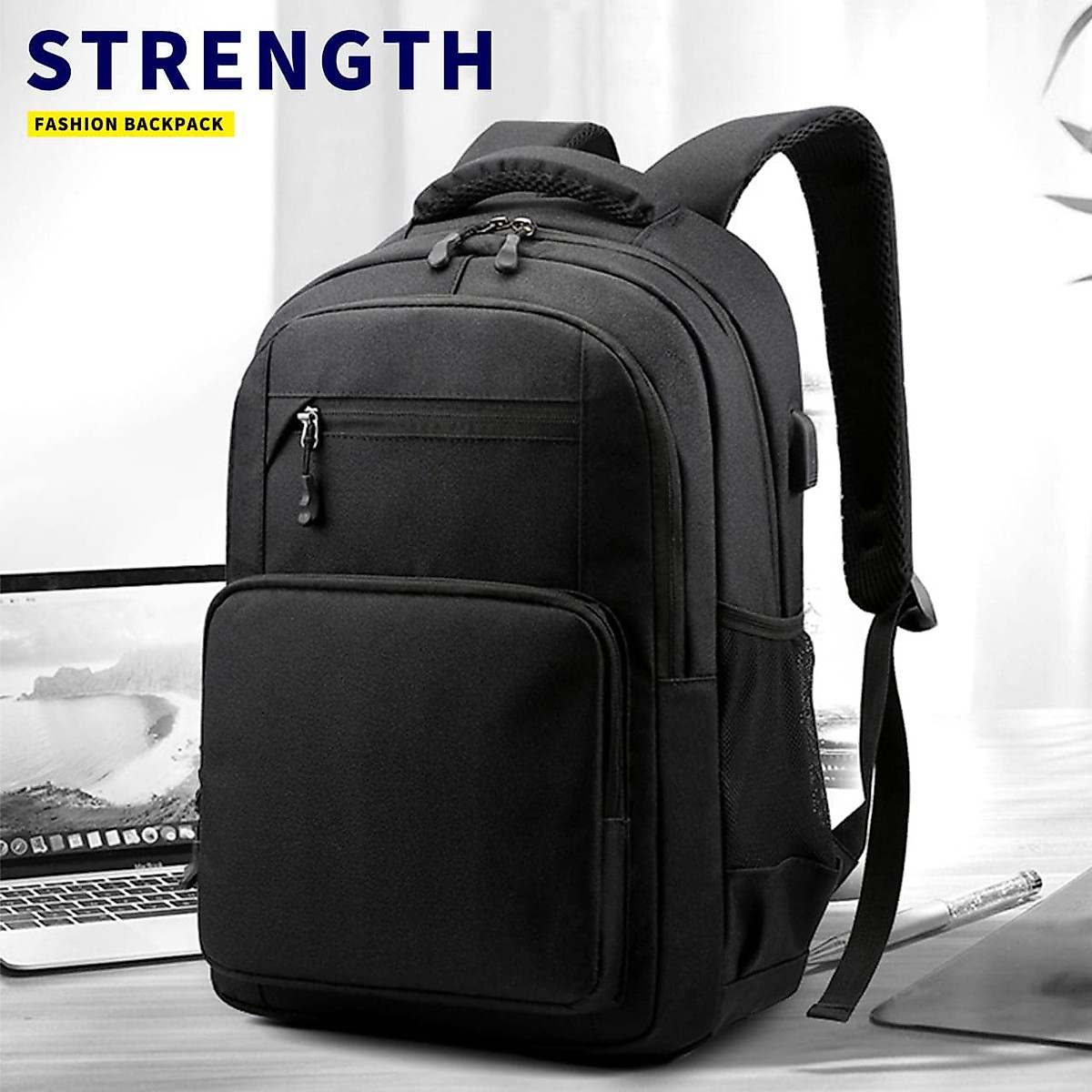 Laptop Backpack black bookbag for travel work teacher computer,waterfroof 15.6 Inch Rucksack with USB Charging Port, Waterproof Bag Men Women.