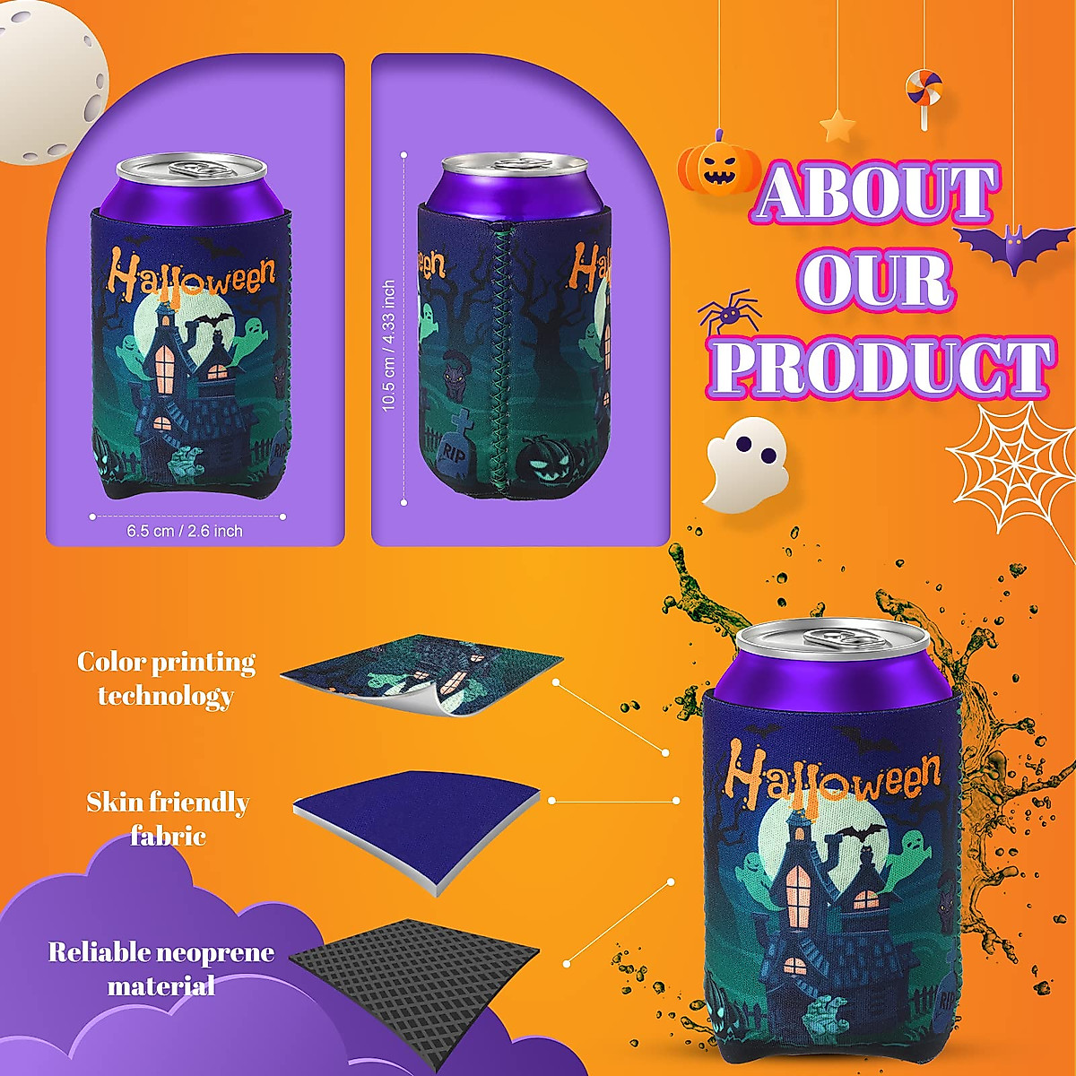 18 Pieces Halloween Can Cooler Sleeves Witch Pumpkin Bat Skull Beer Bottle Sleeves Funny Halloween Can Cooler Drink Coolers for Halloween Party