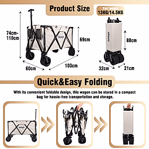 Sainlogic 300L Collapsible Folding Wagon with 450Lbs Large Capacity, Wagons Carts Heavy Duty Foldable with Big All-Terrain Beach Wheels & Drink Holders (Off-white)