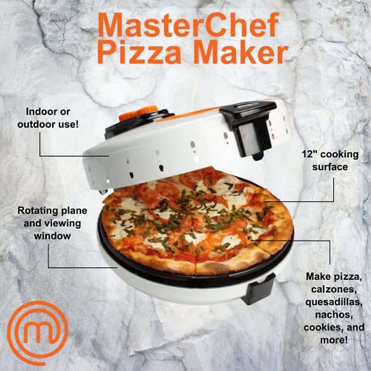 MasterChef Pizza Maker- Electric Rotating 12 Inch Non-stick Calzone Cooker -Countertop Indoor OutdoorTableTop Oven, Reheat Calzone, Quesadilla for Crisp Crust w Adjustable Temperature Control, Gift
