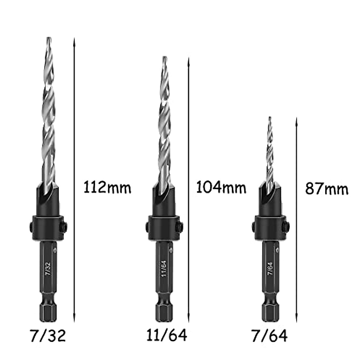 SeonFook 5PCS Countersink Drill Bit Set 1/4" Hex Shank Quick Change Screw Drill Counter Sink Bit 7/64", 9/64", 11/64", 3/16", 7/32" for Woodworking