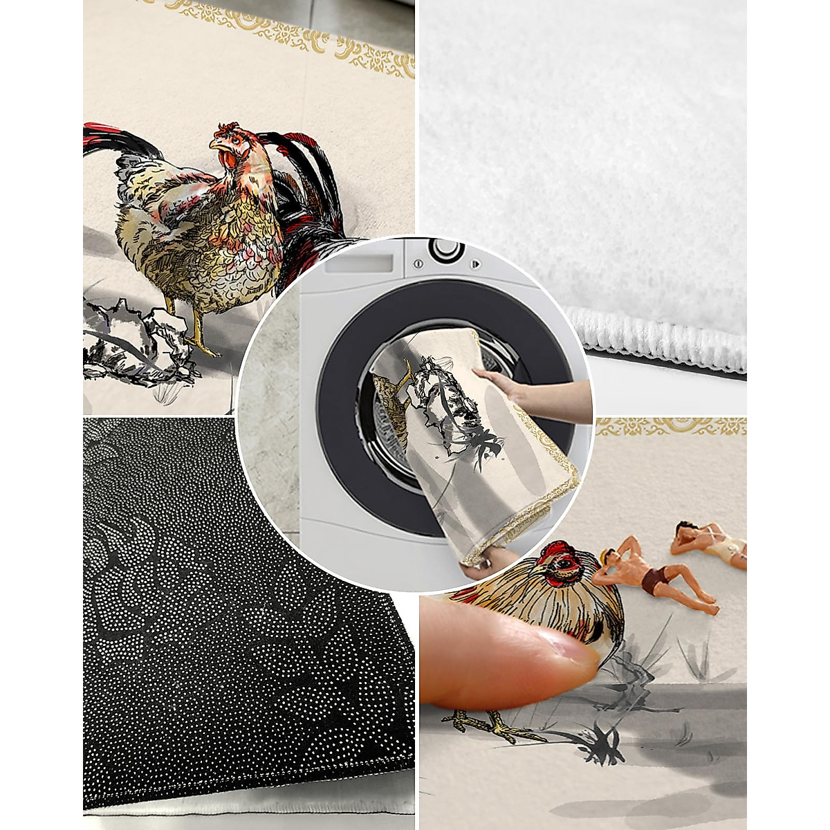 Shag Door Mats Bath Rugs Farmhouse Rooster Ink Art Oriental Art,Soft Fluffy Doormats Non Slip Carpet Farm Animal Retro Border,Shaggy Fuzzy Area Throw Rug for Kitchen/Bathroom/Bedroom 16x24In