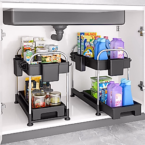 Luyata 2 Pack Under Sink Organizer, 2-Tier Pull Out Under Sink Cabinet Organizer, Sliding Drawer Basket Storage Organizer Shelf for Kitchen Bathroom, with Hooks, Hanging Cup, Dividers, Black