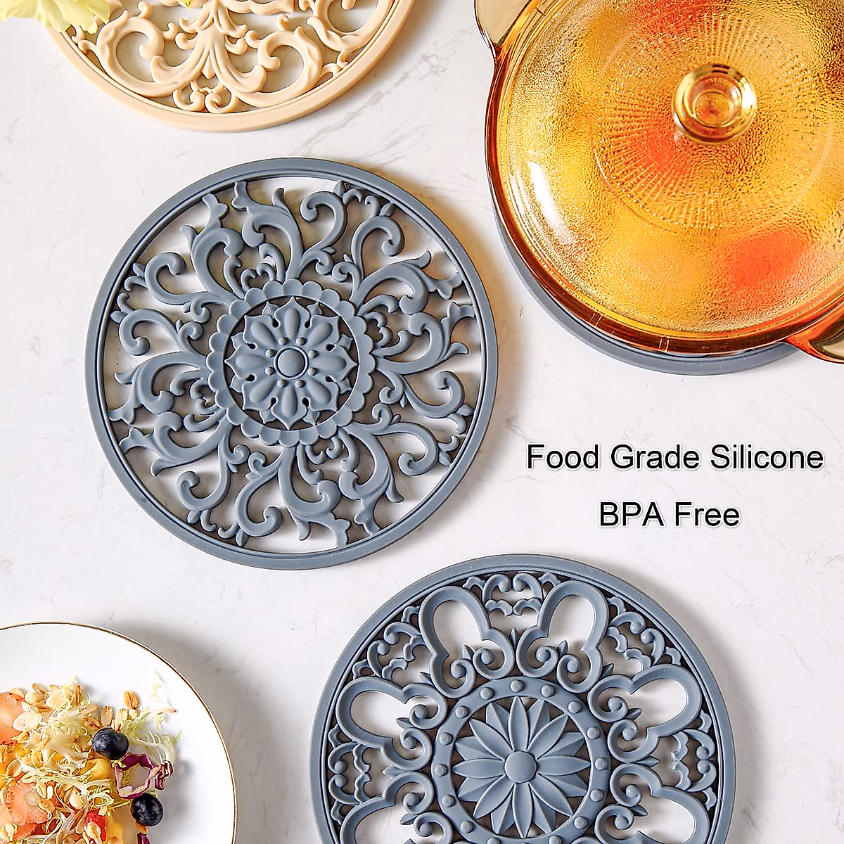 Extra Thick Silicone Trivet Mat for Hot Dishes, Hot Pots and Pans, Pot Holder, Hot Pad to Portect Your Table and Countertop, Kitchen Decor and Accessories,Merlot Red,Set of 3