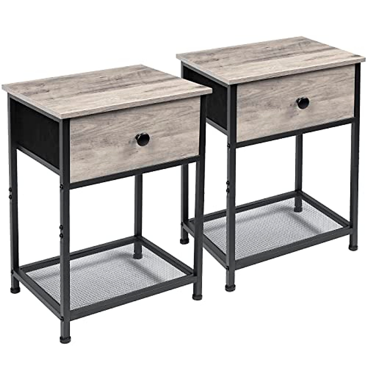 AMHANCIBLE Night Stand Set 2, Small End Side Tables Living Room with Drawer, Industrial Slim Nightstand with Shelf, Bedside Tabes for Bedroom, Wood Metal Accent Furniture, Greige HET03SDGY