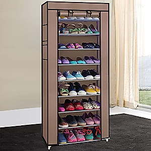 ADUZA 10-Tier Shoe Rack, 27 Pairs Stackable Entryway Shoe Storage Organizer, Free Standing Non-Woven Fabric Expandable Shoe Shelf for Hallway, Closet, Living Room Brown