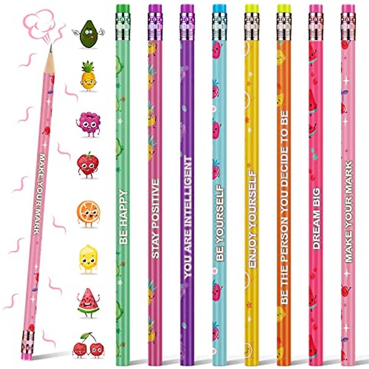 48 Pcs Scented Pencils for Kids Inspirational HB Pencils with Erasers Cylinder Colorful Fun Wood Pencils Motivational Graphite Pencils with Fruit Elements for School Office Classroom Students