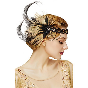 BABEYOND 1920s Sequined Showgirl Headpiece Feather Headband Flapper Gatsby Hair Accessories (Black Gold)