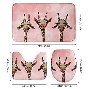 SWEET TANG 4 Pc Cute Giraffe Three Cartoon Pattern Bath Room Carpet + Contour Mat & Lid Cover Rubber Backing + Anti-Fade Spa Curtain for Hotel, Tub and Shower