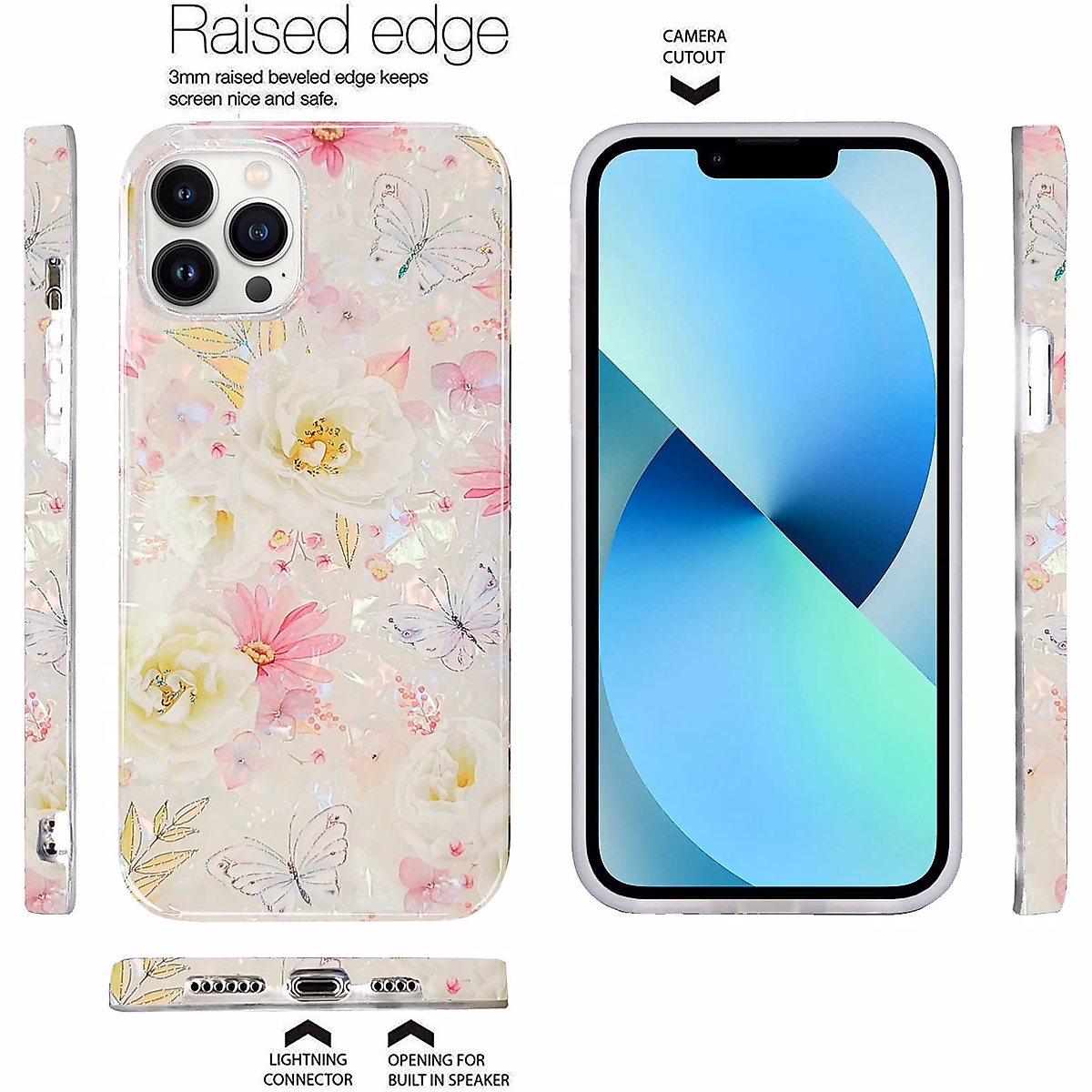 J.west iPhone 13 Pro Max Case 6.7 inch,Luxury Sparkle Glitter Soft Clear Colorful Opal Pearly Thinfoil Design Shiny Floral Print Silicone Cover for Women Girls Slim TPU Protective Phone Case