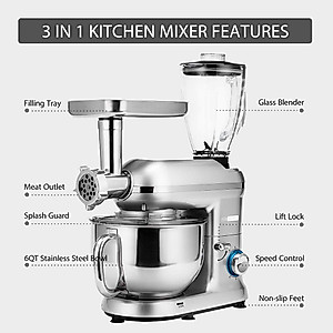 VIVOHOME 3 in 1 Multifunctional Stand Mixer with 6 Quart Stainless Steel Bowl, 650W 6 Speed Tilt-Head Meat Grinder, Juice Blender, Silver