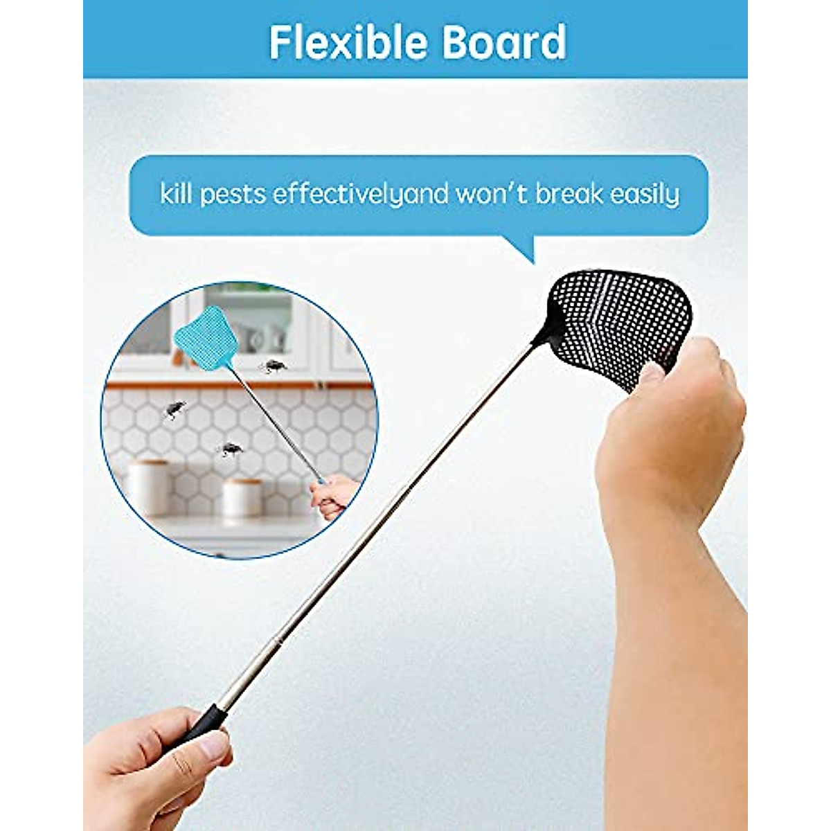 CUNCUI Fly Swatters Heavy Duty Set, with Durable Telescopic Stainless Steel Extendable Handles, for Home, Classroom and Office, 2Pcs, 2 Colors