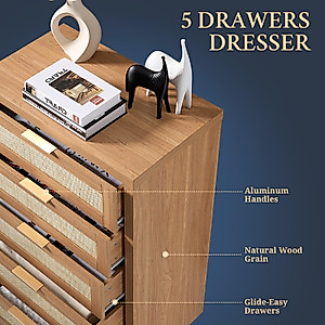 OAKHAM HOME 5 Drawer Dresser, Rattan Dresser for Bedroom with 5 Storage Drawers, Tall Dresser Chest of Drawers for Closet Bedside, Living Room Hallway 17.7" D x 29.5" W x 46.7" H, Weathered Oak