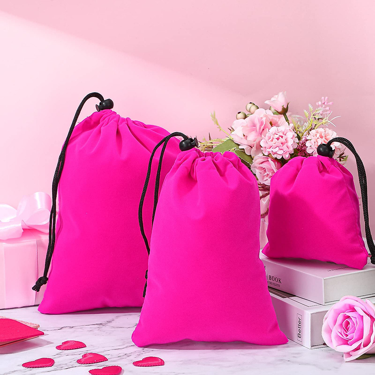 WILLBOND 18 Set of Toy Storage Adult Bags Foldable Toy Drawstring Bag Multi Purpose Toys Storage 3 Sizes Adjustable Ditty Bag Microfiber Pouch for Home Storage Travel, Hot Pink