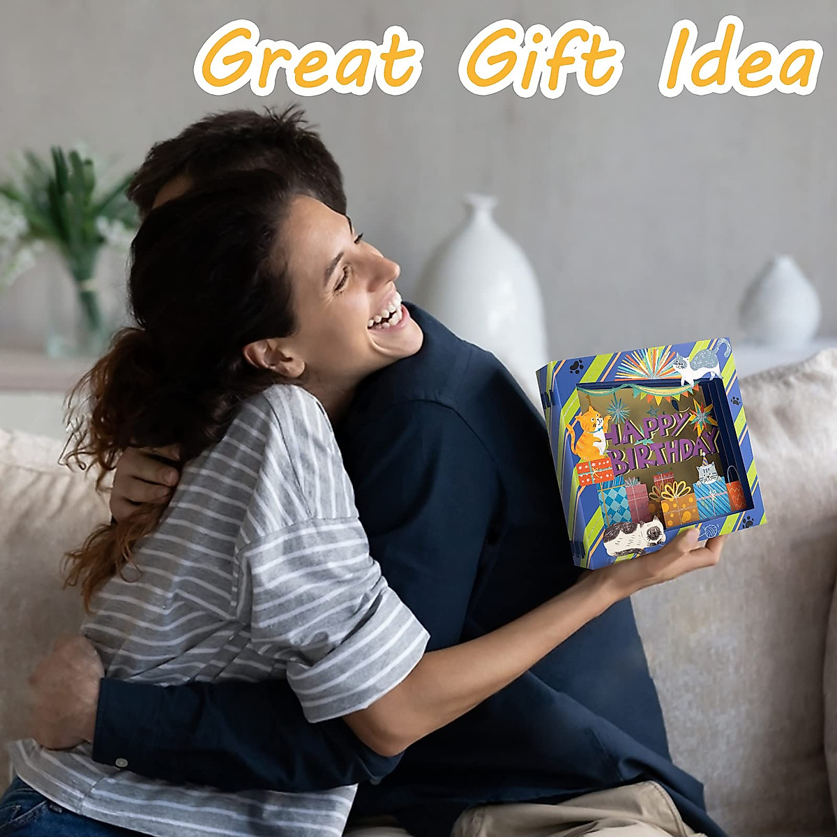 HOMANGA Happy Birthday Cat Greeting Card, 3D Cat Birthday Card, Cat Box Pop Up Bday Card, Displayable Birthday Gift for Cat Person, Mom, Daughter, Sister, Friend with Blank Note and Envelope, 6" x 6"