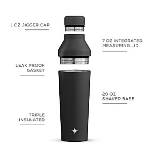 JoyJolt Triple Insulated Cocktail/Protein Shaker Bottle. 20oz Shaker Cup with Alcohol Measure Lid and Jigger Cap. 12hr Ice Cold Shaker Bottles for Protein Mixes, Shake or Smoothie Cups, Metal Mixer