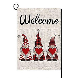 Welcome Valentines Day Garden Flag Vertical Double Sided Buffalo Plaid Gnome Love Heart Spring Garden Flag, Valentine's Day Holiday Anniversary Wedding Yard Outdoor Decoration 12.5 x 18 Inch
