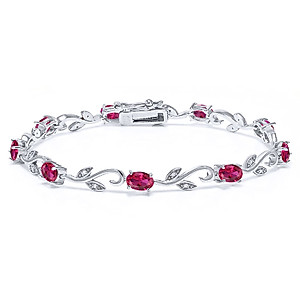 Gem Stone King 925 Sterling Silver Red Created Ruby and White Diamond Greek Vine Tennis Bracelet For Women (4.63 Cttw, Oval 6X4MM, 7 Inch)