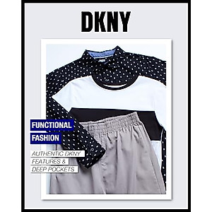 DKNY Boys' Pants Set - 3 Piece Long Sleeve Button Down Plaid Shirt, T-Shirt, Jogger Pants - Clothing Set for Boys (4-12), Size 8, Black