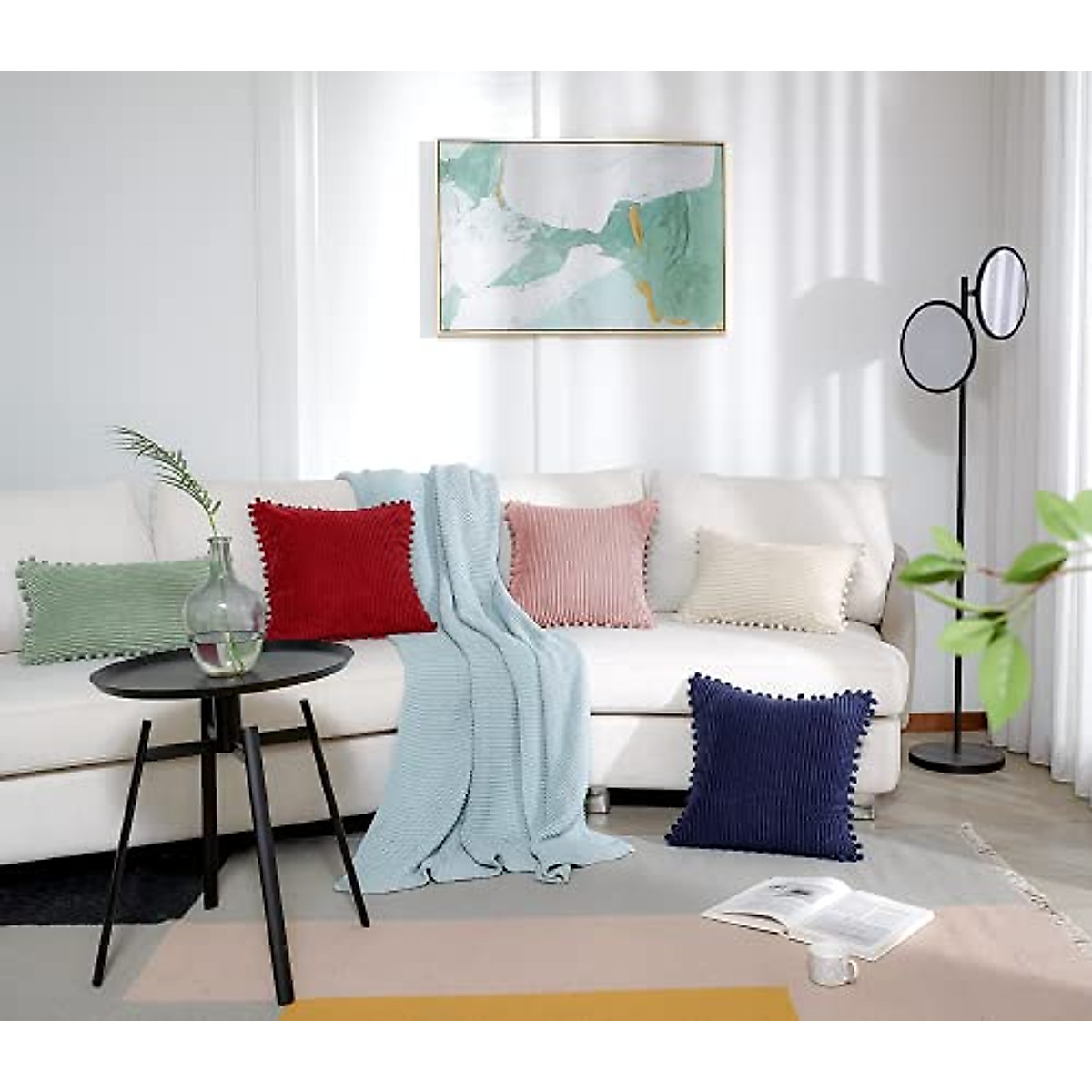 Pack of 2 LEISROUL Decorative Throw Pillow Covers with Cute Pompoms,Boho Accent Pillows for Bedroom and Living Room (Mint, 18" 18")