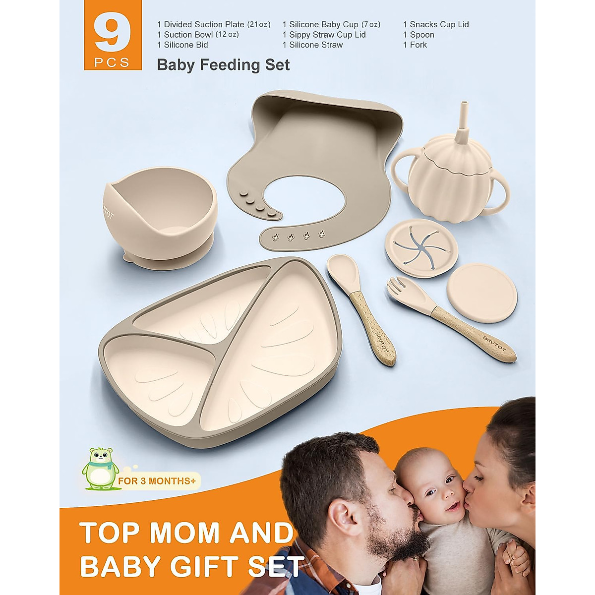 BRVTOT Baby Silicone Suction Plates and Bowls Set with Sippy Straw Snack Cup, Bib, Spoon Fork, 9 PCS Toddler Led Weaning Supplies, Feeding Dishes Set for Toddler Baby Gifts