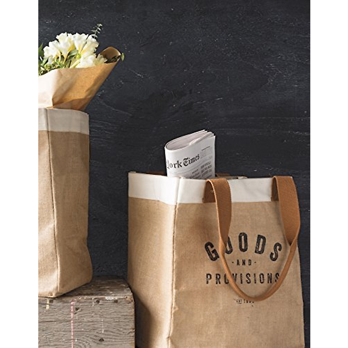 Now Designs Burlap Market Tote, Goods and Provisions 17" tall x 13.5" wide x 8.8" deep