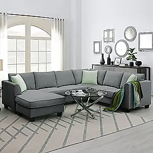 Flieks Modern Upholstered Living Room Sectional Sofa, L Shape Furniture Couch with 3 Pillows, Grey
