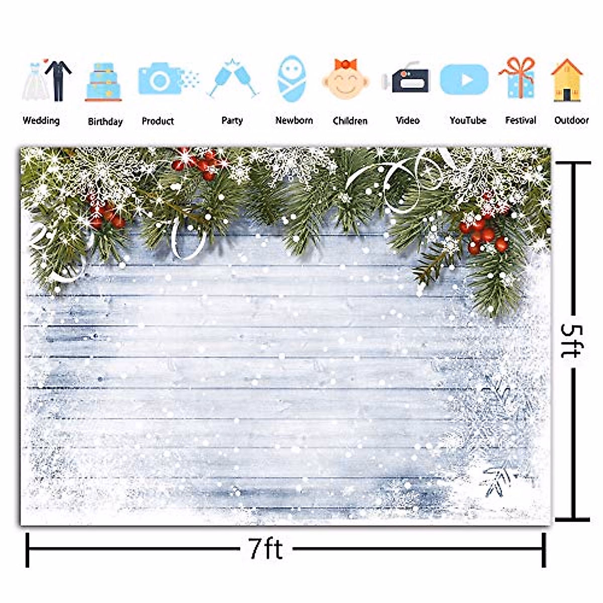 RUINI Winter Snowflake Wood Floor Christmas Pine Tree Backdrop Photography Christmas Photography Backdrop 7x5FT