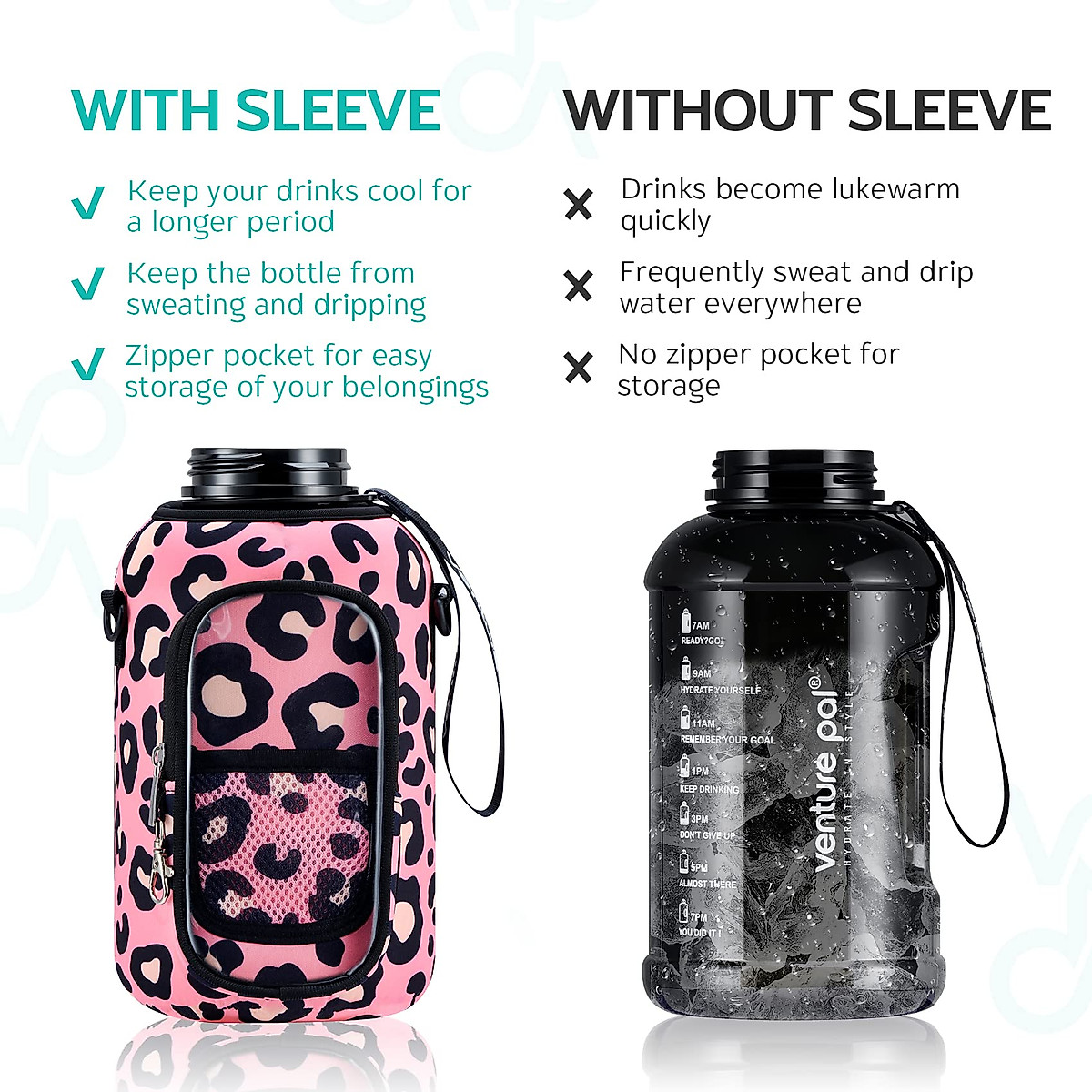 Venture Pal Large 64 oz/Half Gallon Motivational Water Bottle with Storage Sleeve - BPA Free Water Jug with Handle and Adjustable Strap - Comes with a Complimentary Cleaning Brush and Straw Brush